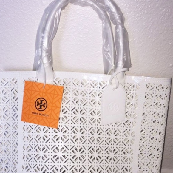Tory Burch | Bags | Tory Burch White Perforated Tote Shopper Beach Bag ...